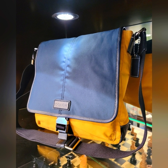 Coach | Bags | Coach Varick Messenger Bag Nylon Leather Navyyellow And ...